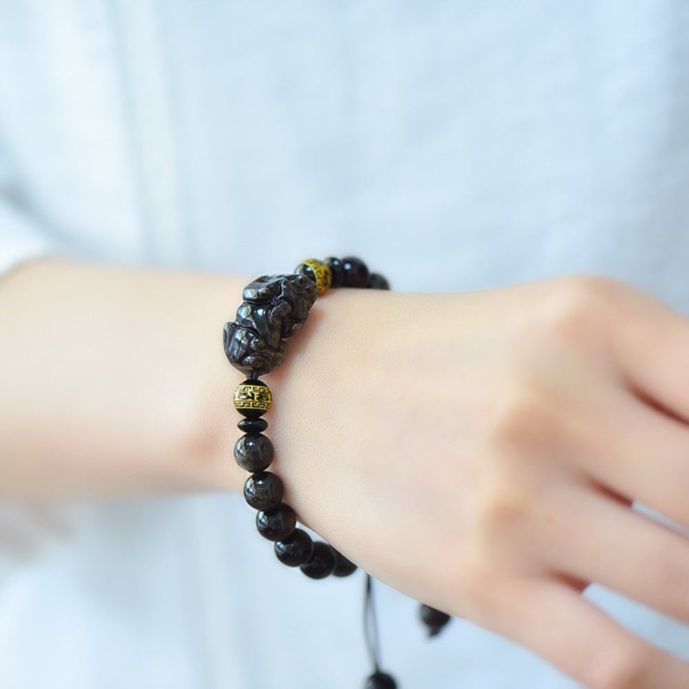 Golden Sheen Obsidian Wealth Pixiu Bracelet - Buddha Power Store